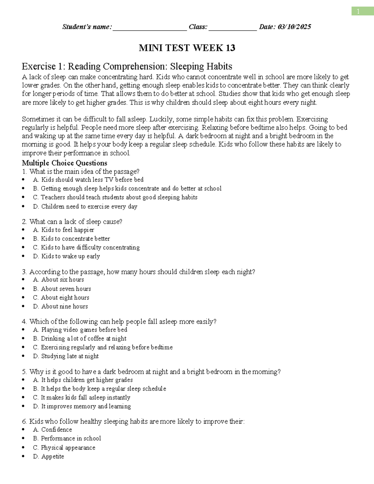 AC5 Mini Test Week 13: Reading Comprehension on Sleep Habits - Studocu