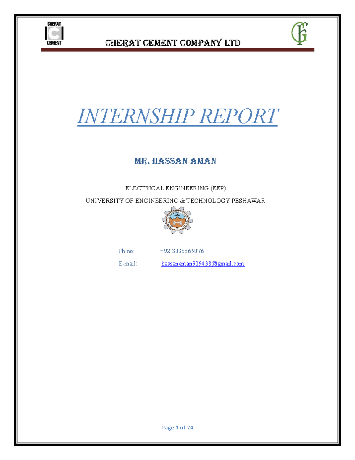 Cherat Cement Company Ltd Internship Report (EEP) - Power Systems Analysis - Studocu