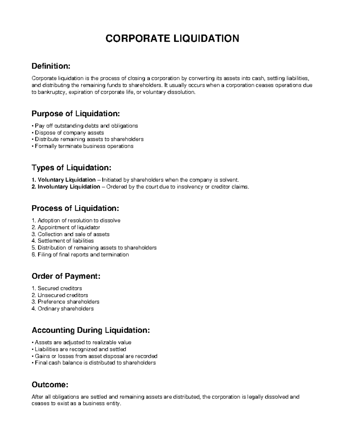 Corporate Liquidation Summary Notes: Process & Types Explained - Studocu