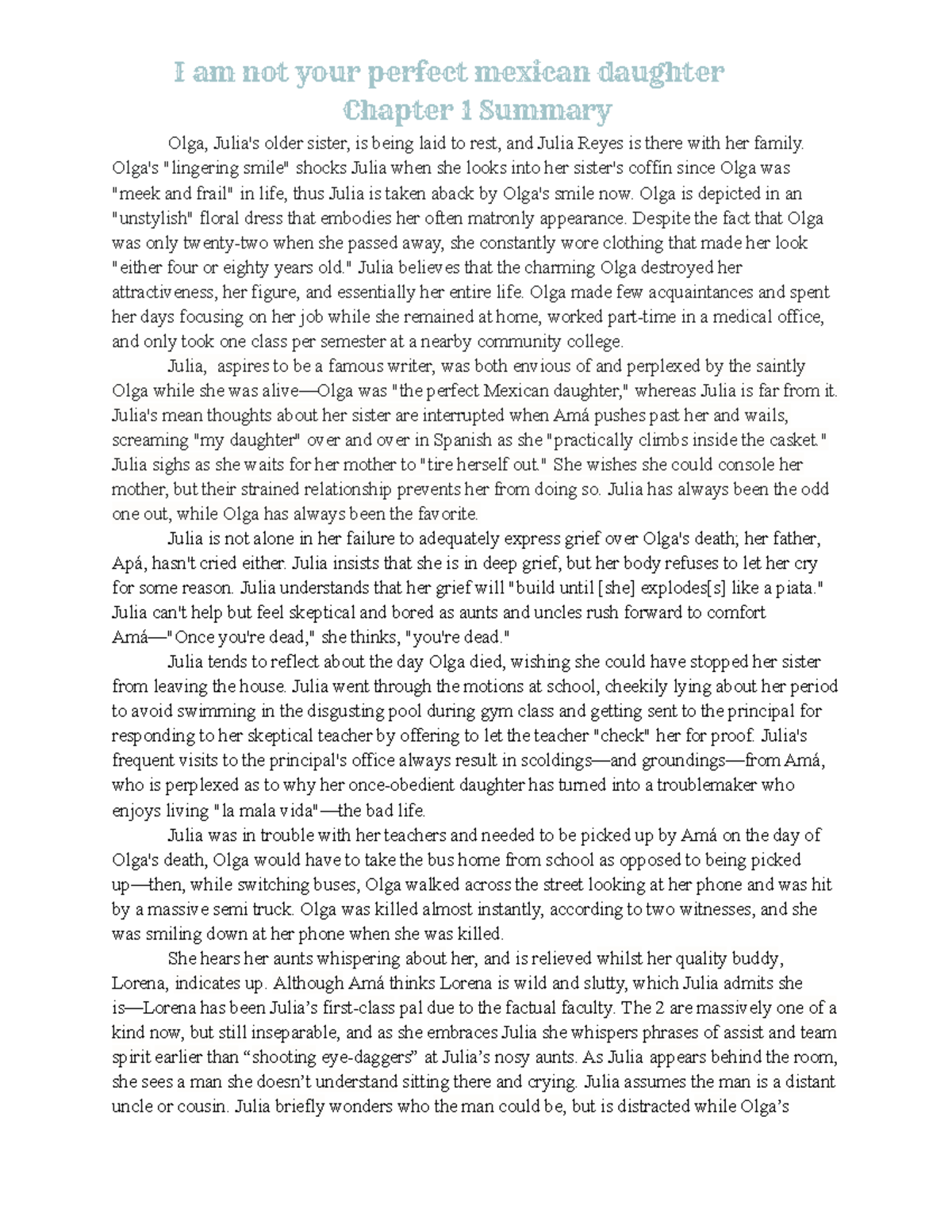 I am Not Your Perfect Mexican Daughter (ENG 101) Chapter 1 Summary ...