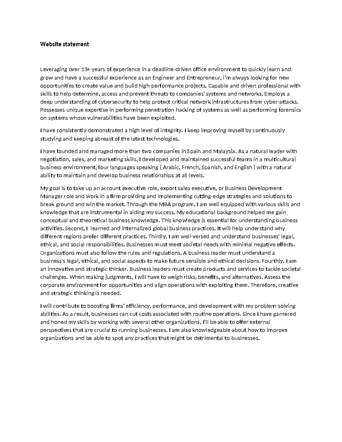 Website statement: Leveraging experience in engineering and ...