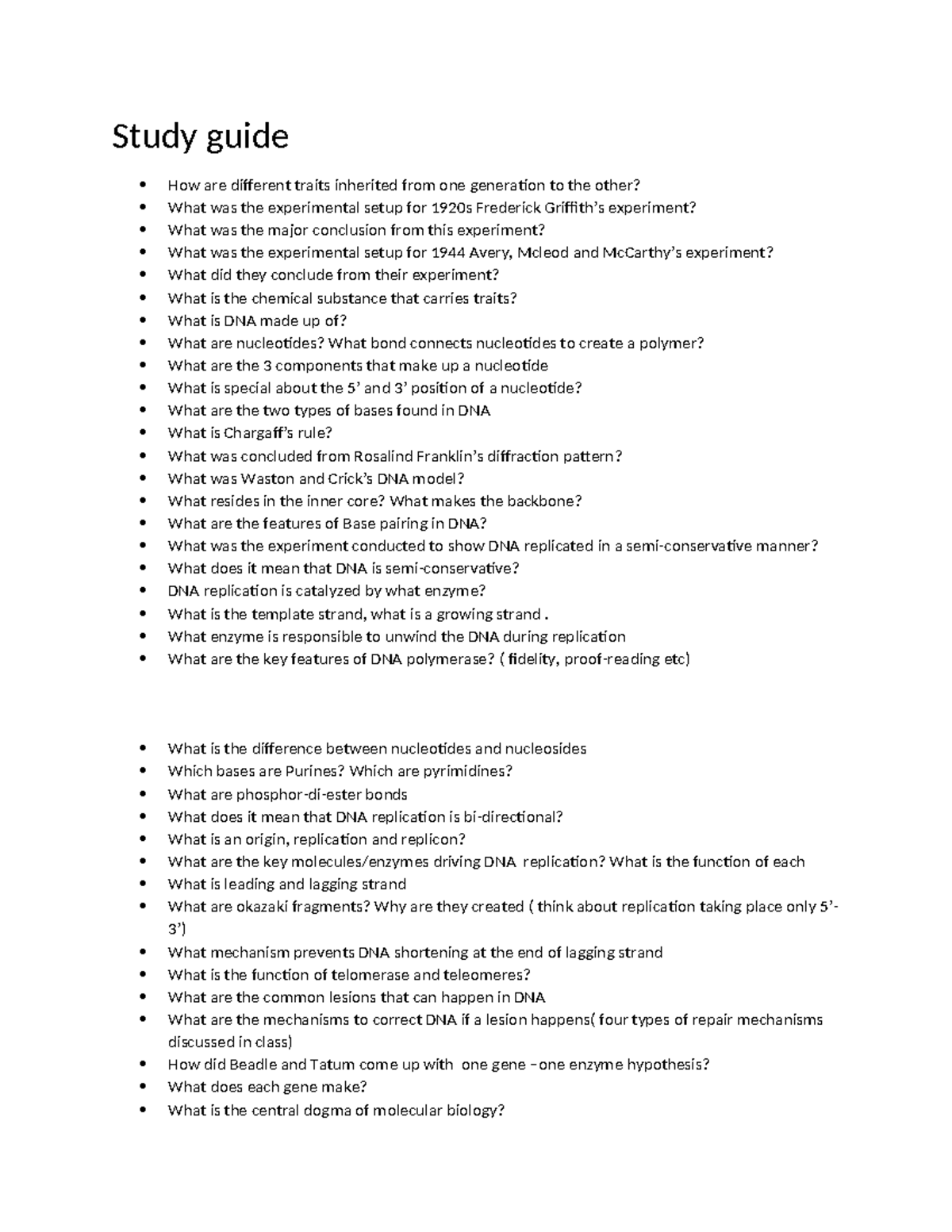 Molecular Biology Study Guide: Key Concepts & Experiments (BIO 101 ...