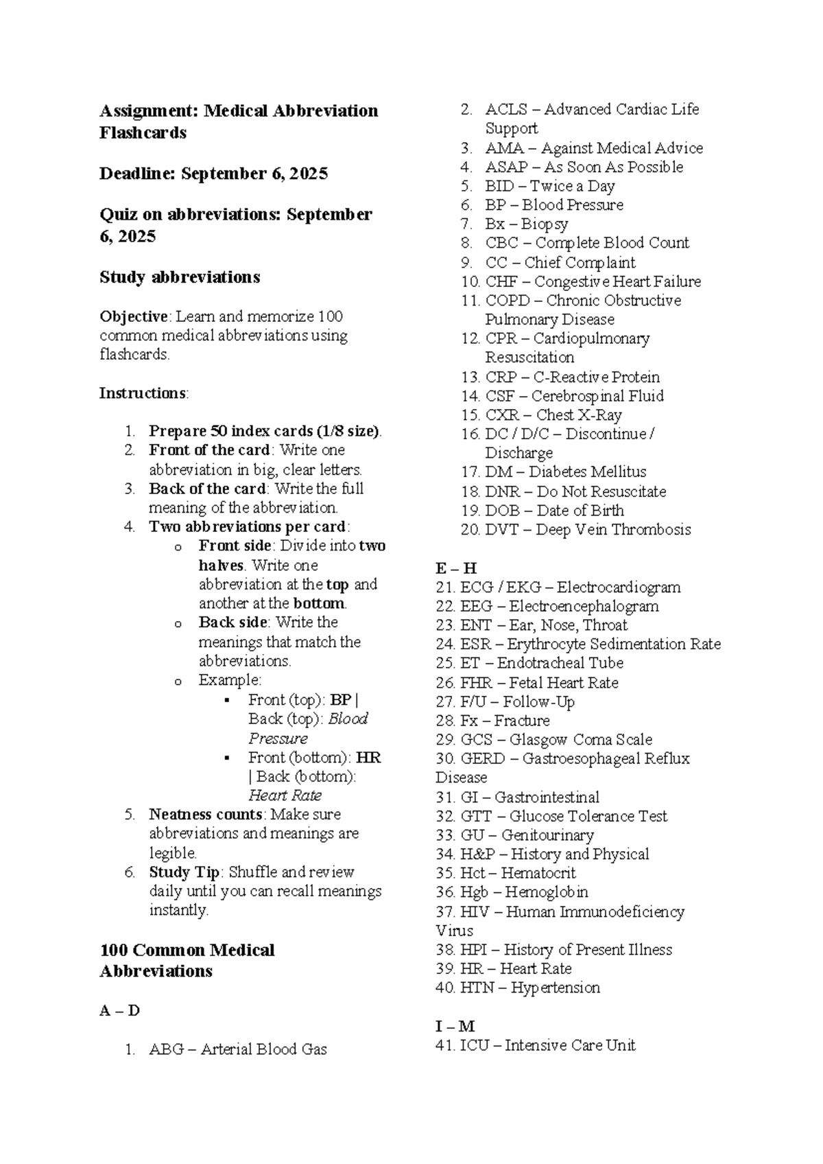 Medical Abbreviation Flashcards for Quiz: 100 Common Terms - Studocu