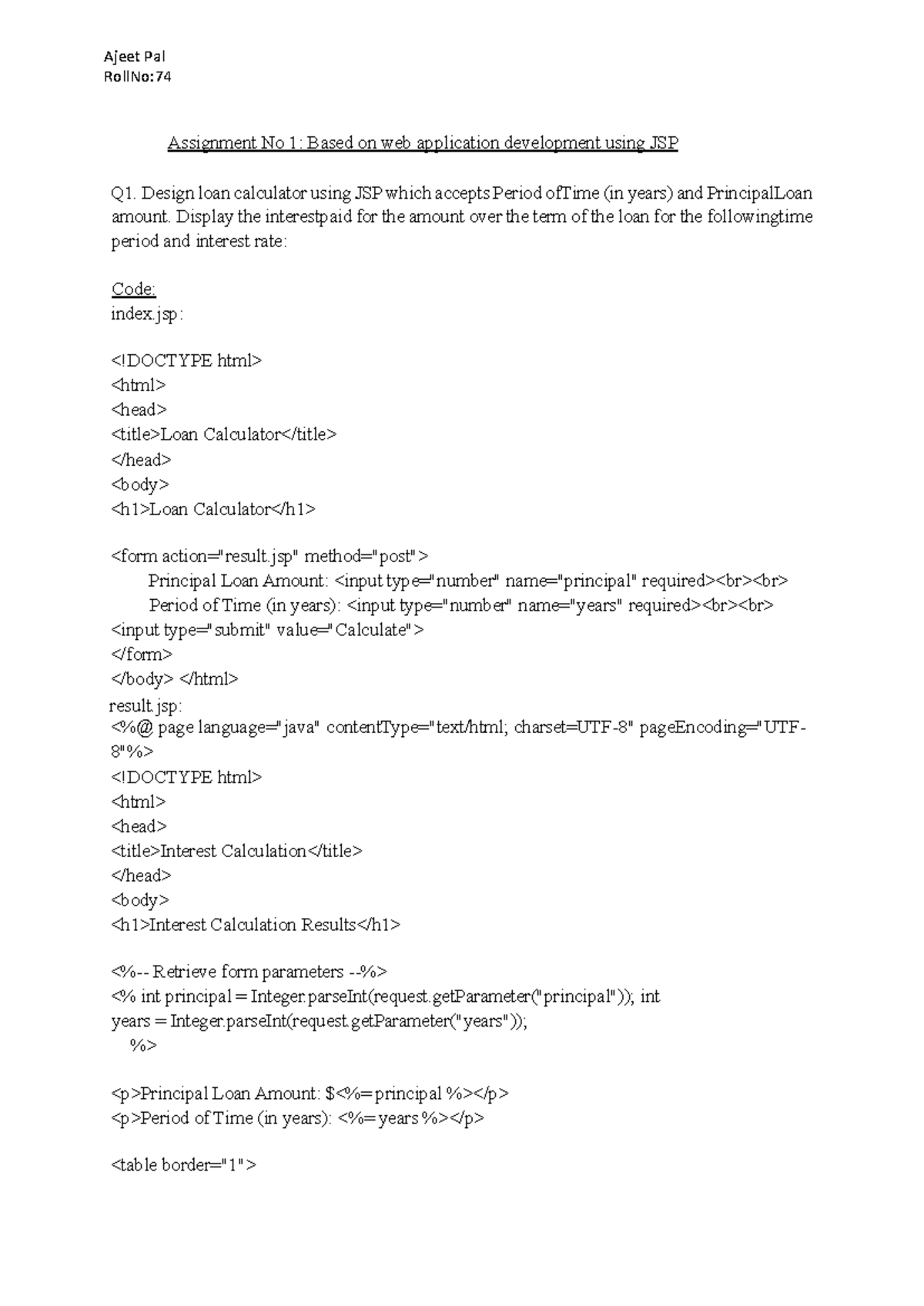 Advance Java Practical Assignment: JSP Loan Calculator and Student Directory - Studocu