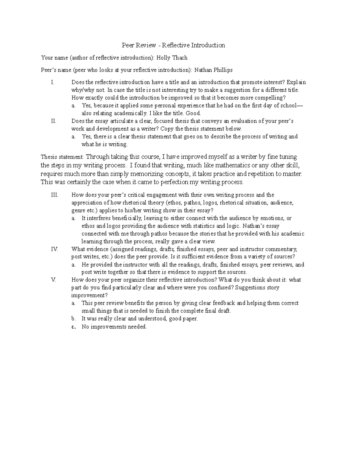 PEER - peer review - Peer Review - Reflective Introduction Your name ...
