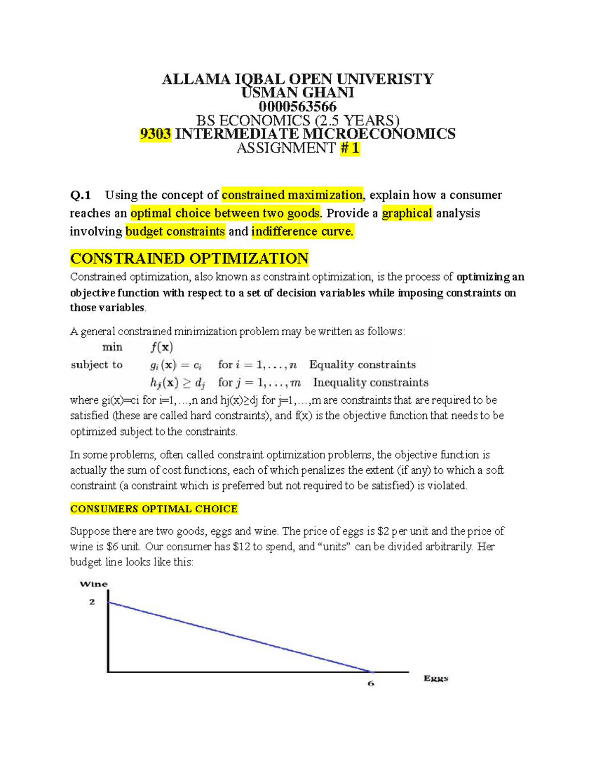 Final Assignment 9303: Consumer Choice & Optimization in Microeconomics - Studocu