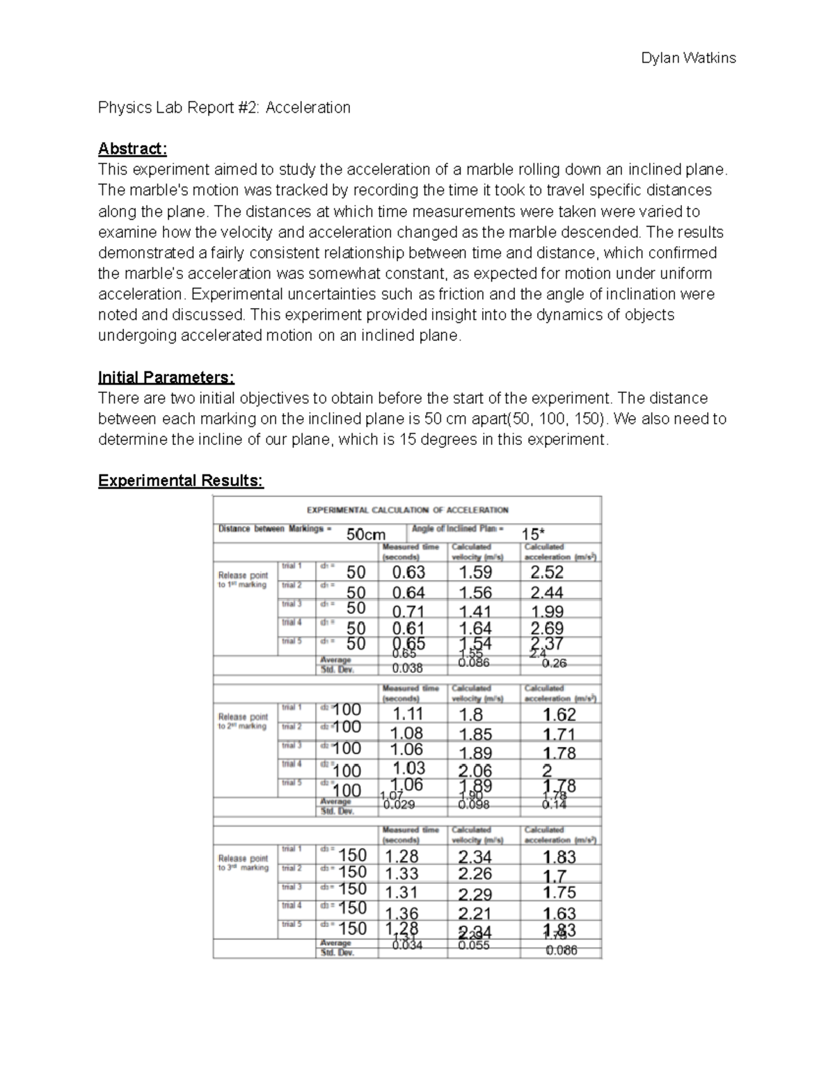 Physics Lab Report #2: Exploring Marble Acceleration on Inclined Plane ...