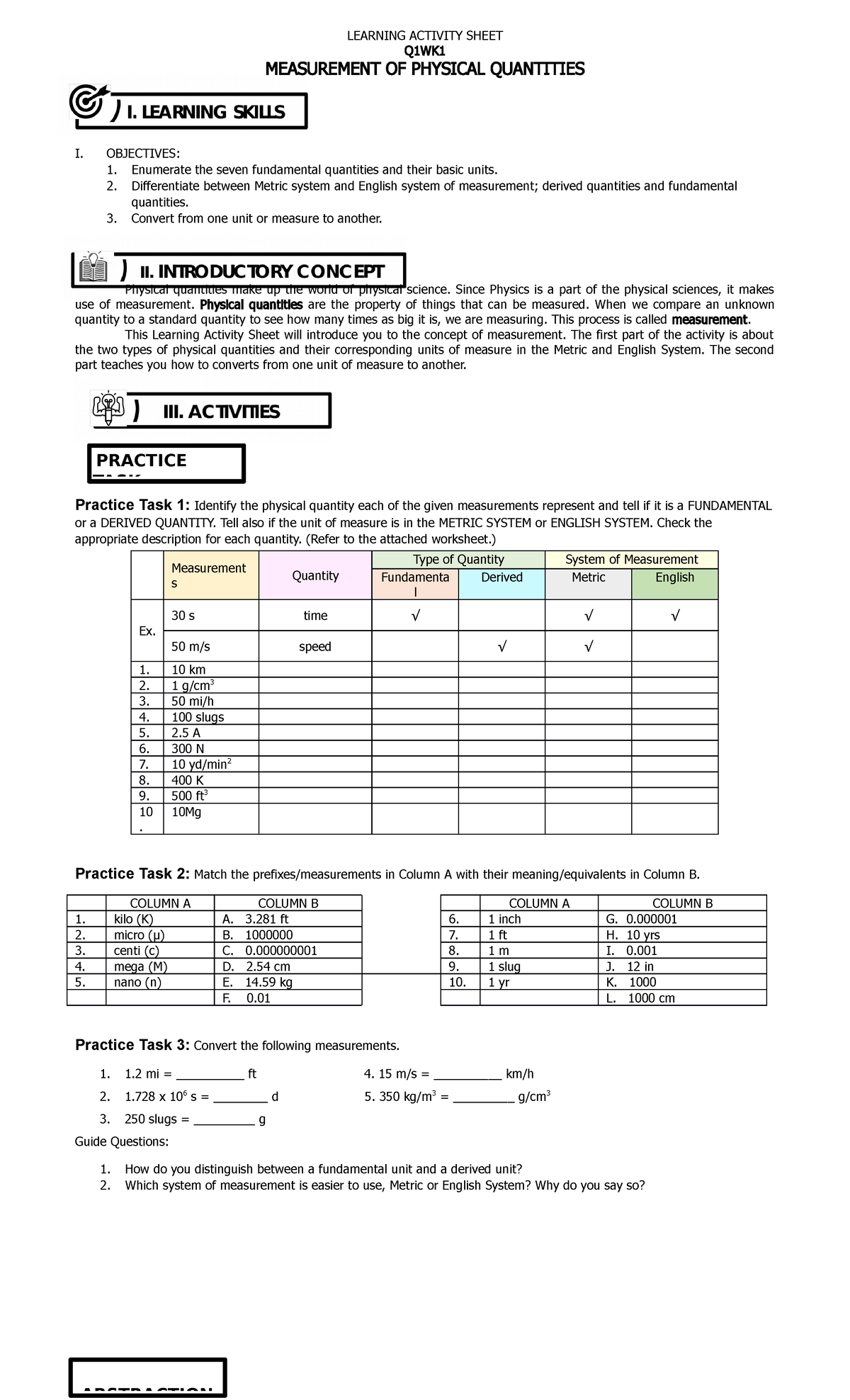 1WSP6 - Measurement of Physical Quantities Learning Activity Sheet ...