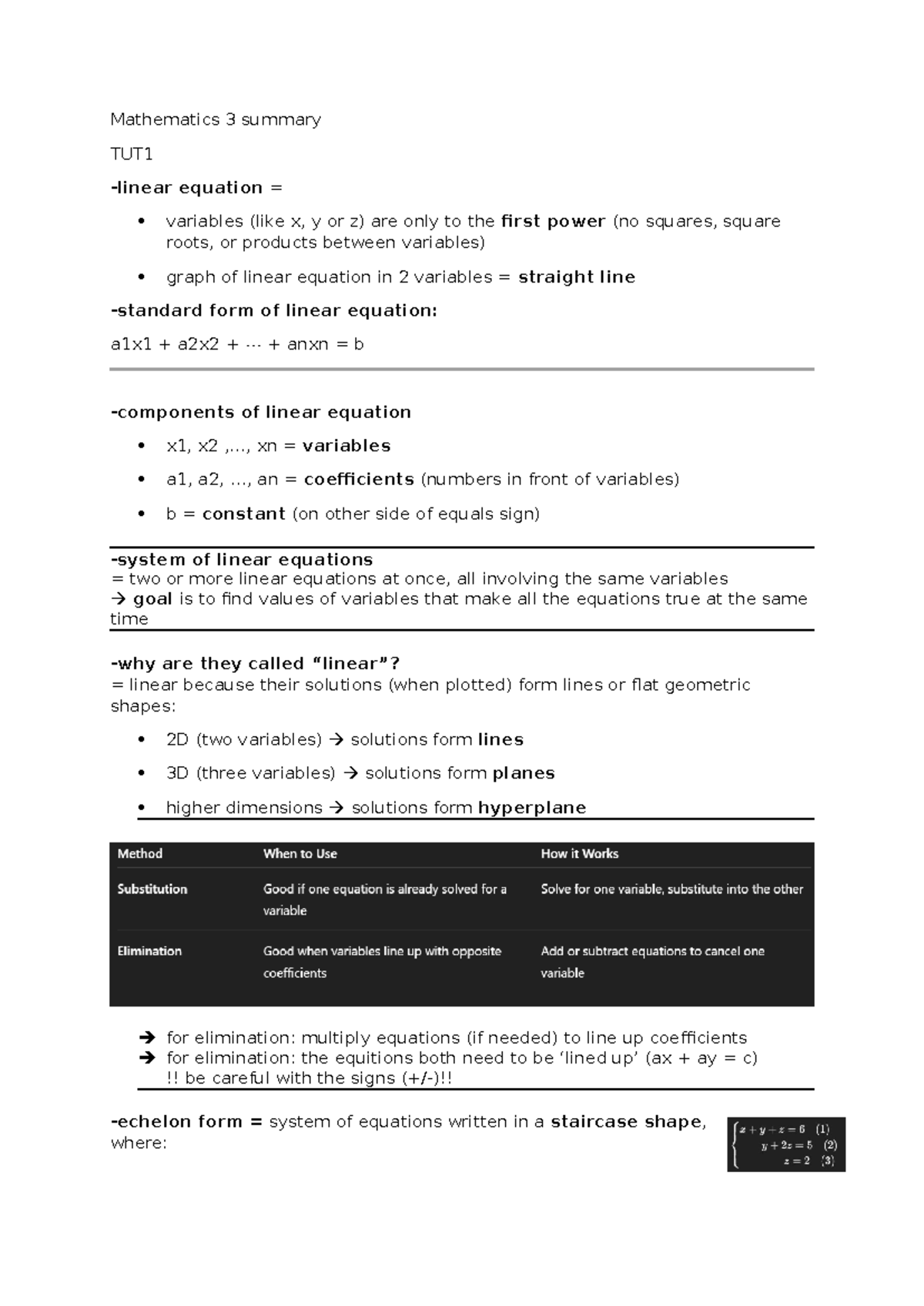 Mathematics 3 Summary: TUT1 Linear Equations and Matrix Applications ...