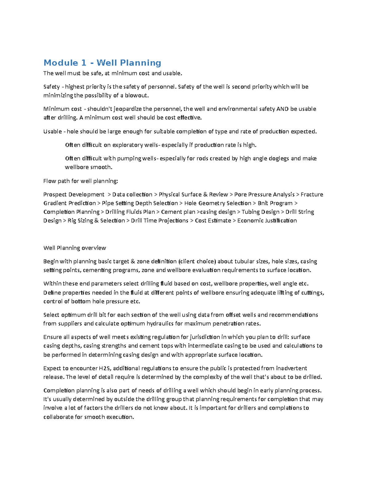 Advanced Drilling Module 1 Notes - Module 1 - Well Planning The well ...