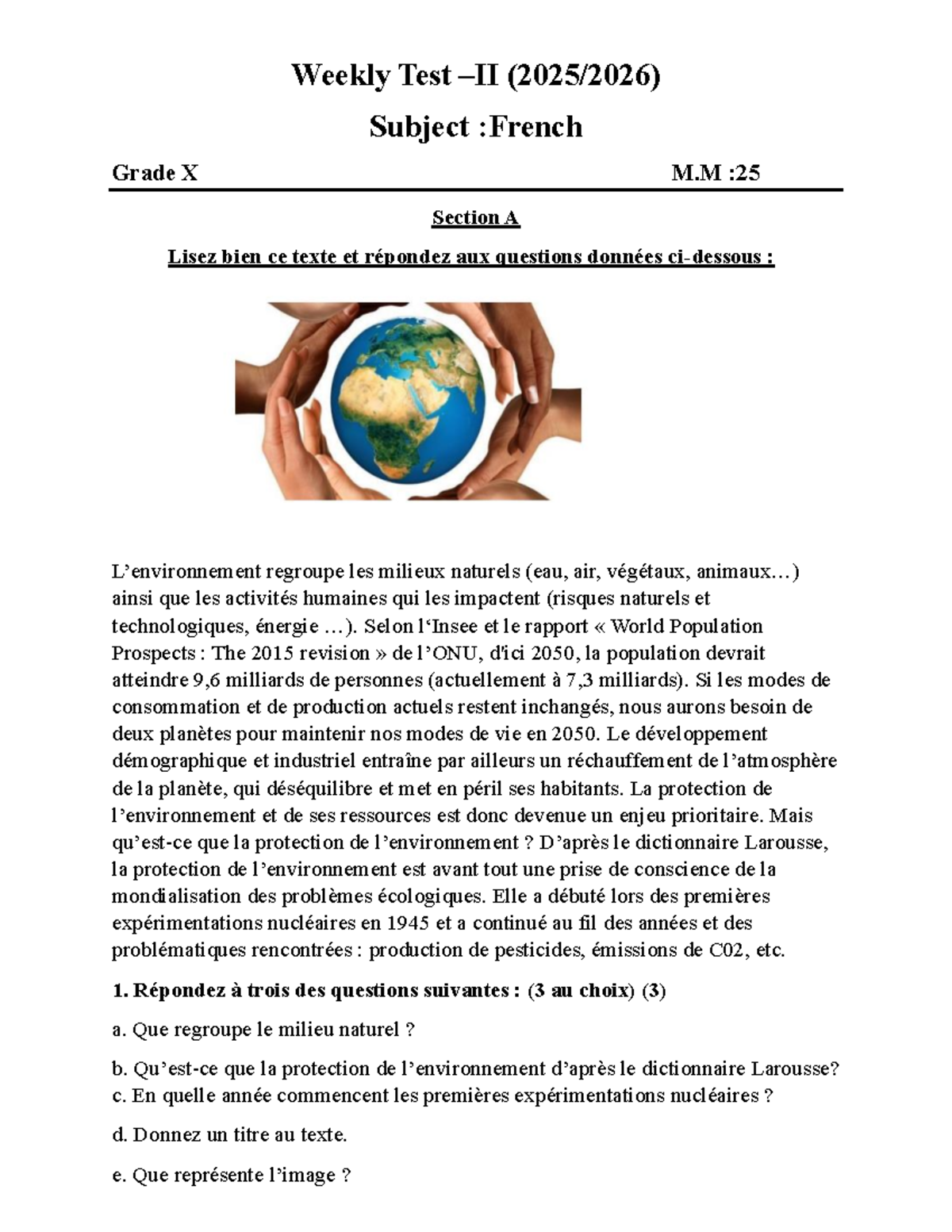 French Grade X Weekly Test: Environmental Awareness & Protection - Studocu