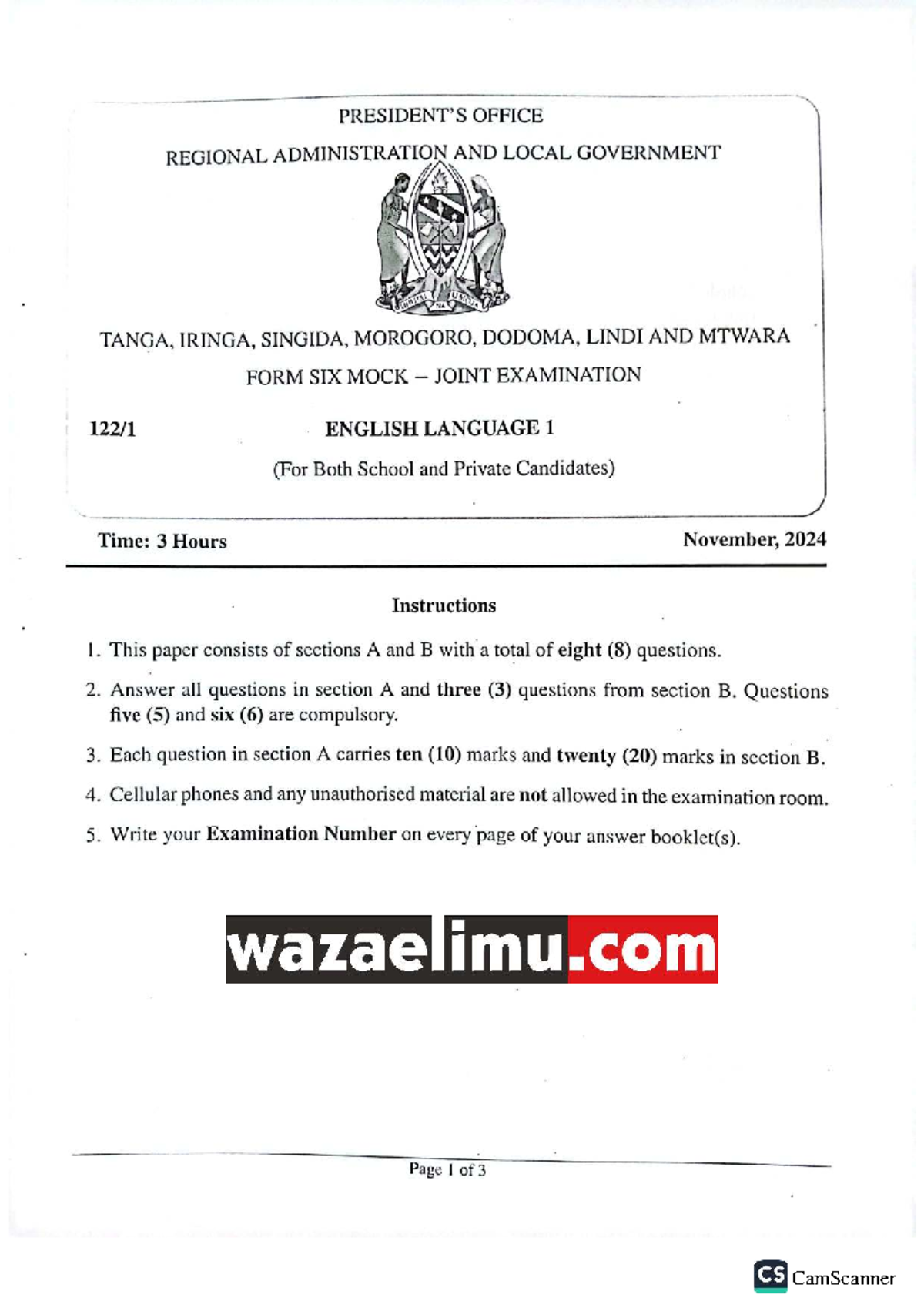 Form Six Mock Joint Exam: English Language 1 - 2024 - Studocu