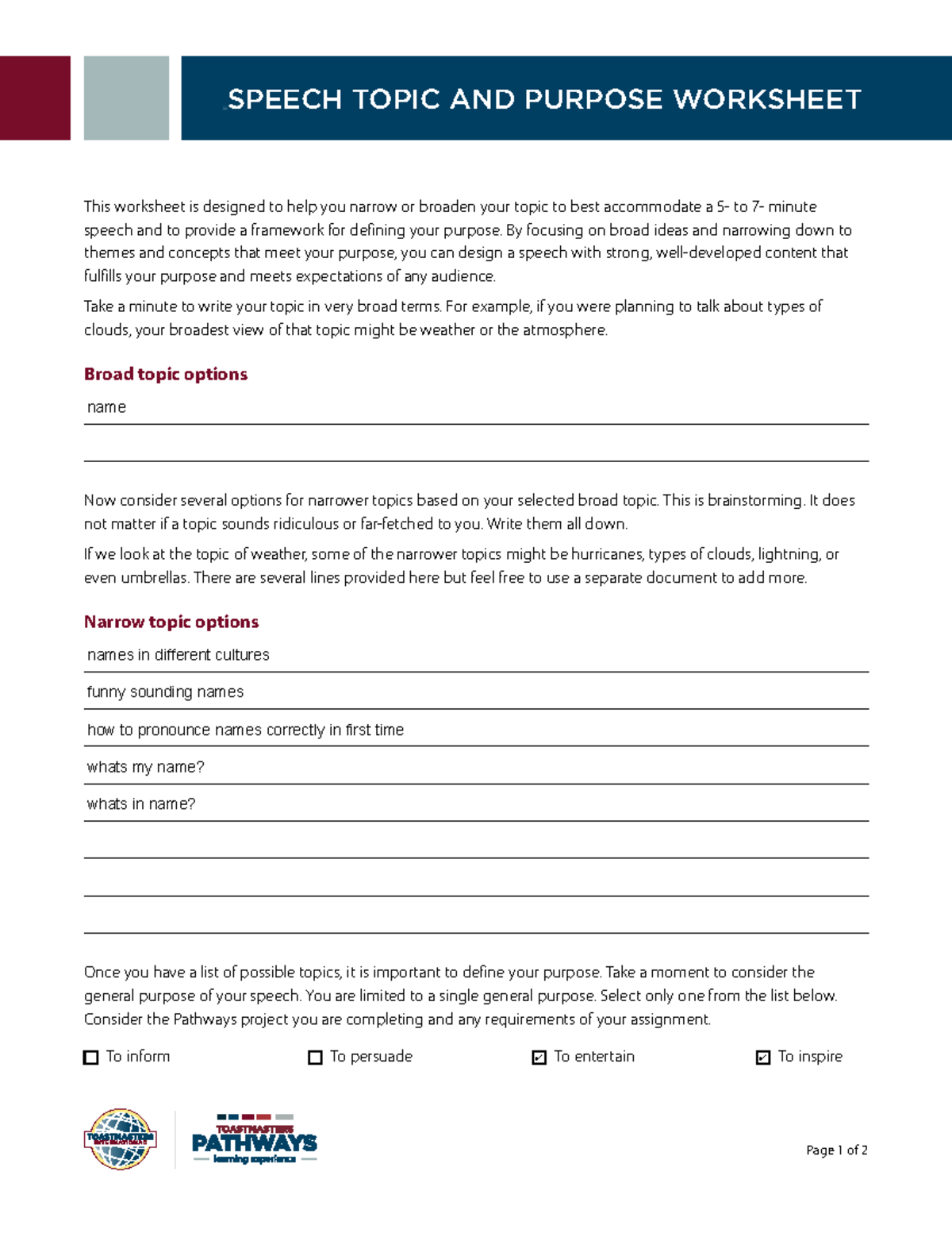 8057 Speech Topic & Purpose Worksheet: Narrowing Your Focus - Studocu