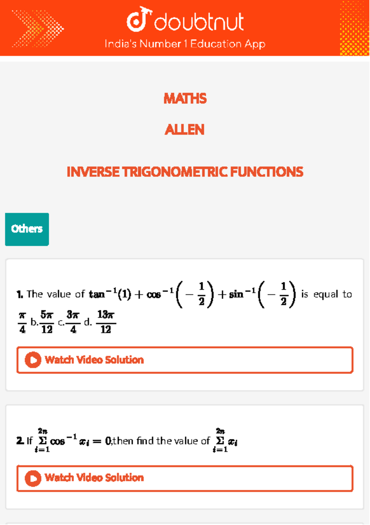 MATHS 37255 INVERSE TRIGONOMETRIC FUNCTIONS Question Bank - Studocu