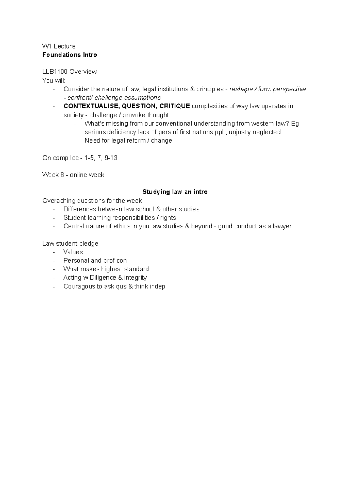W1 Lecture: Foundations of Law - LLB1100 Overview and Insights - Studocu