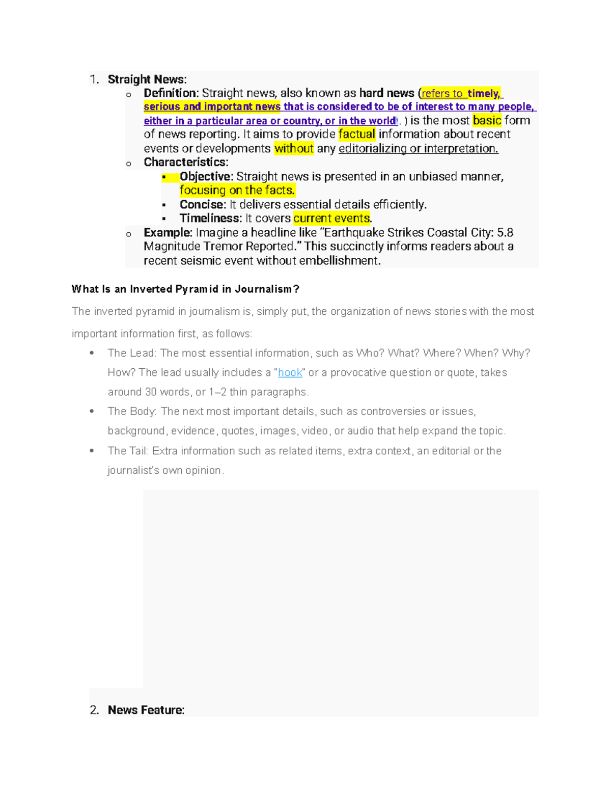 ENG 101: Straight News and News Feature Writing Overview - Studocu