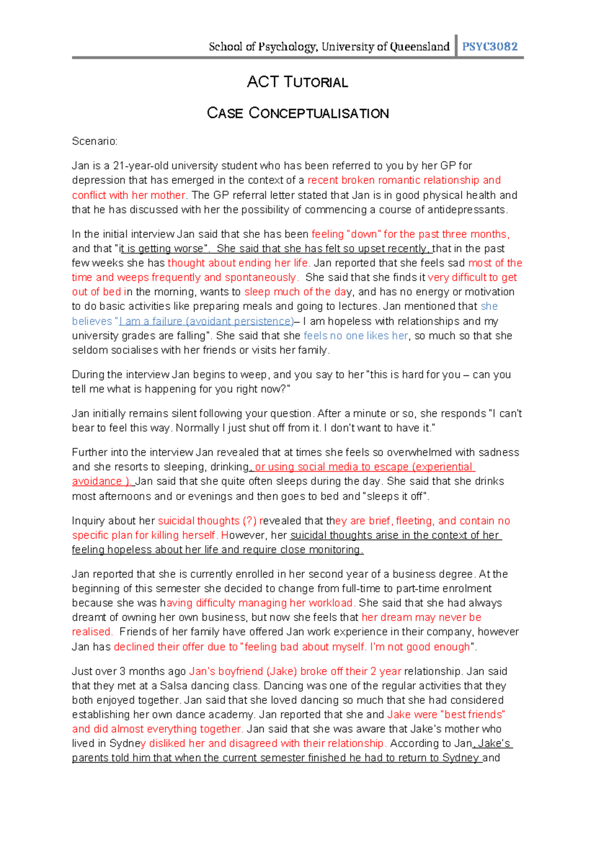 Week 5 ACT Case Study - School of Psychology, University of Queensland PSYC ACT TUTORIAL CASE ...