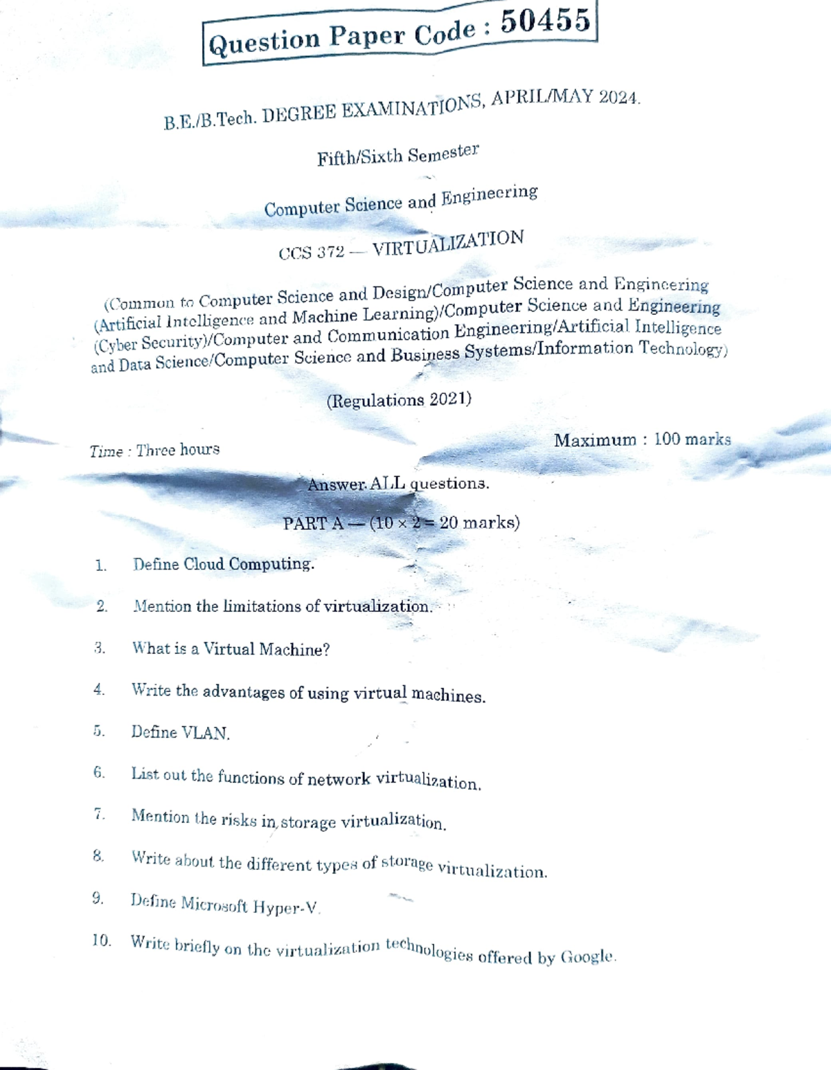 Anna University CCS 372 Question Paper Model - CSE Sem V/VI - Studocu