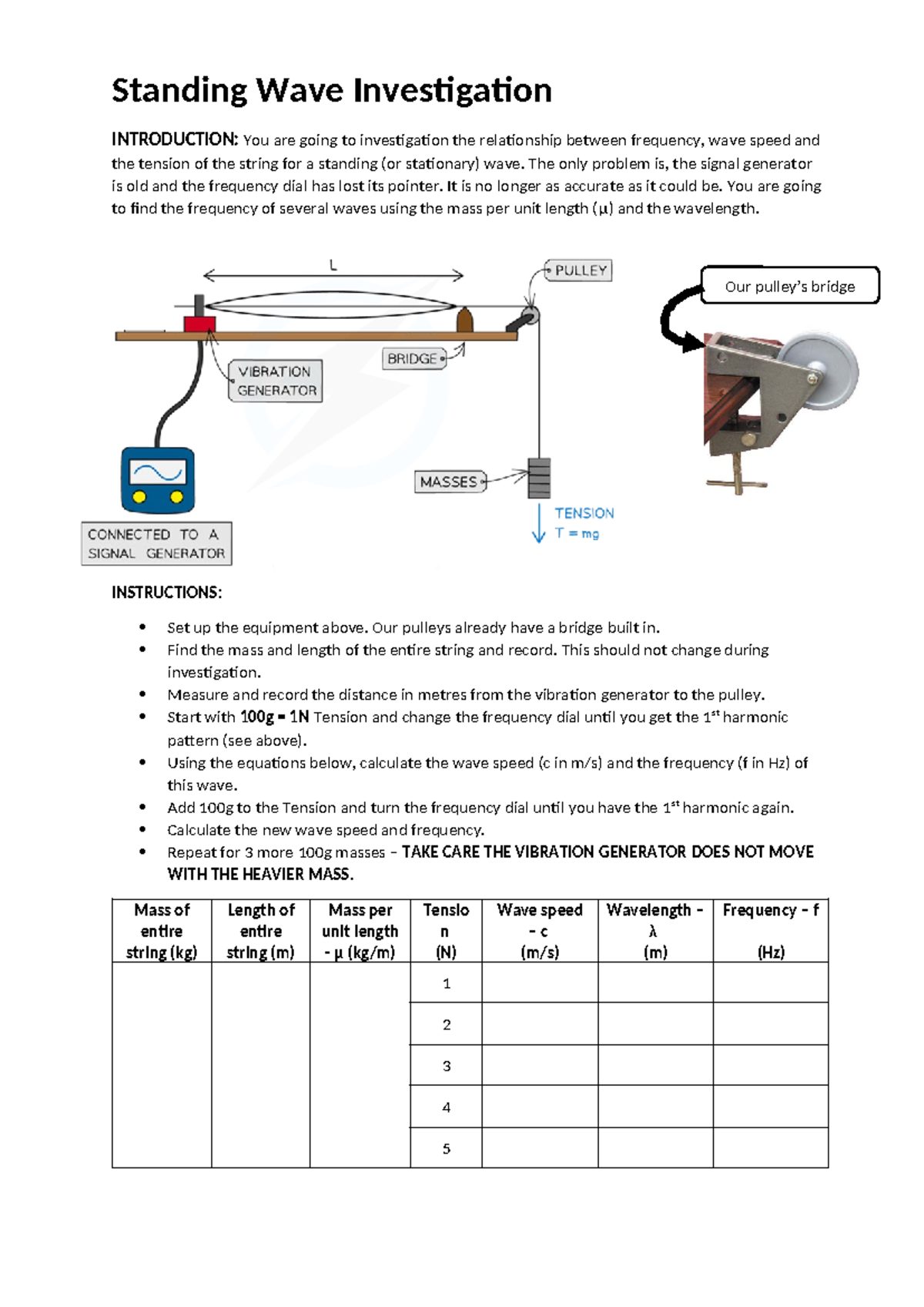 Standing Wave Investigation: Relationship of Tension, Frequency & Speed ...