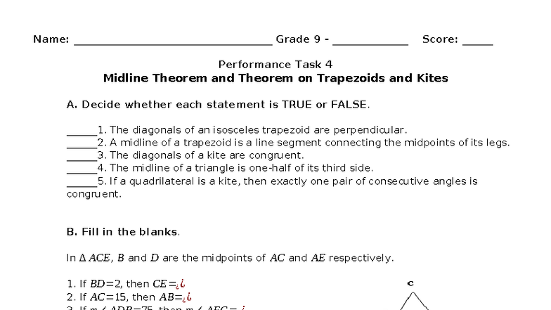 Grade 9 Performance Task: Midline Theorem & Trapezoids/Kites - Studocu
