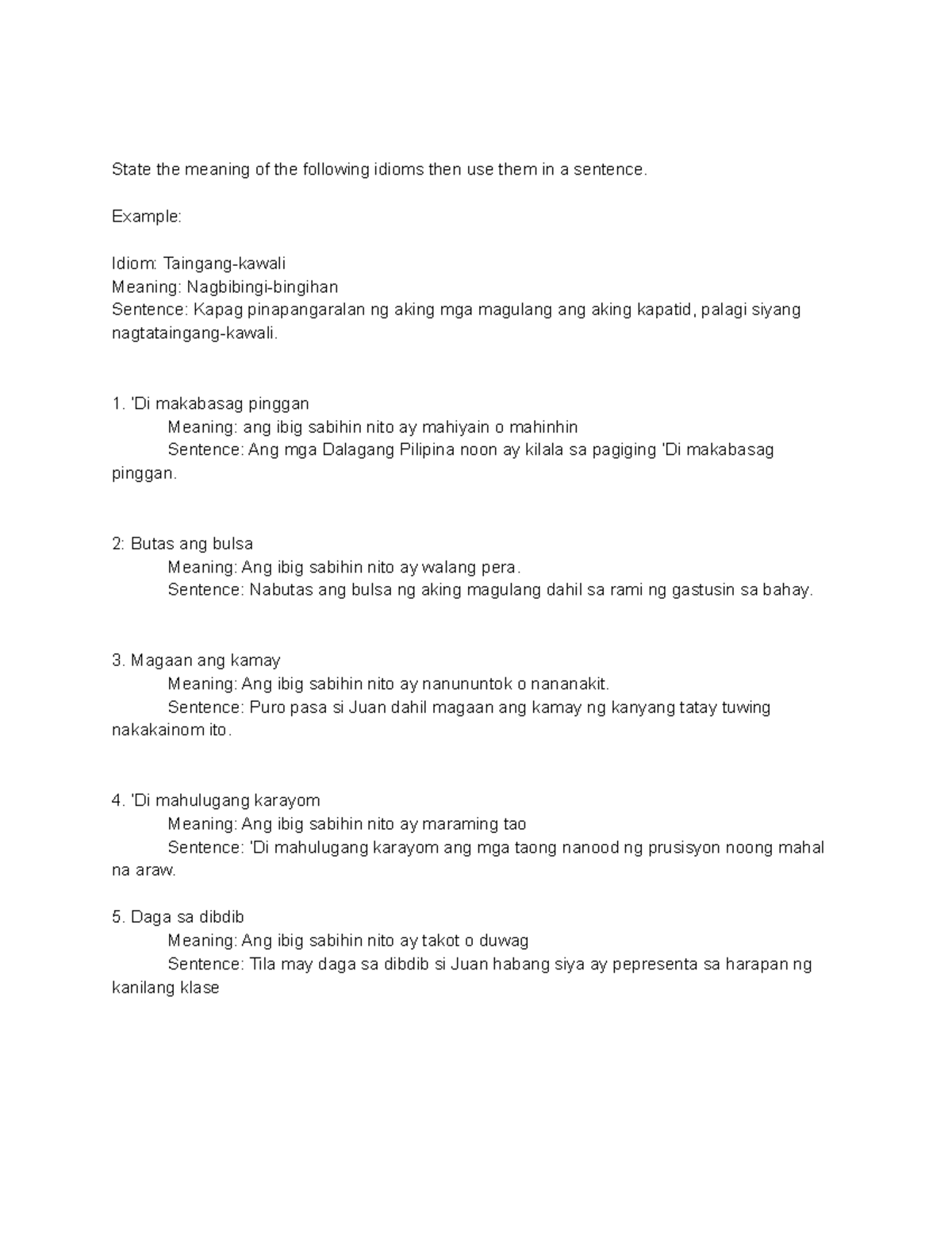 Idyoma - Modern Filipino Idioms and Their Usage in Sentences - Studocu