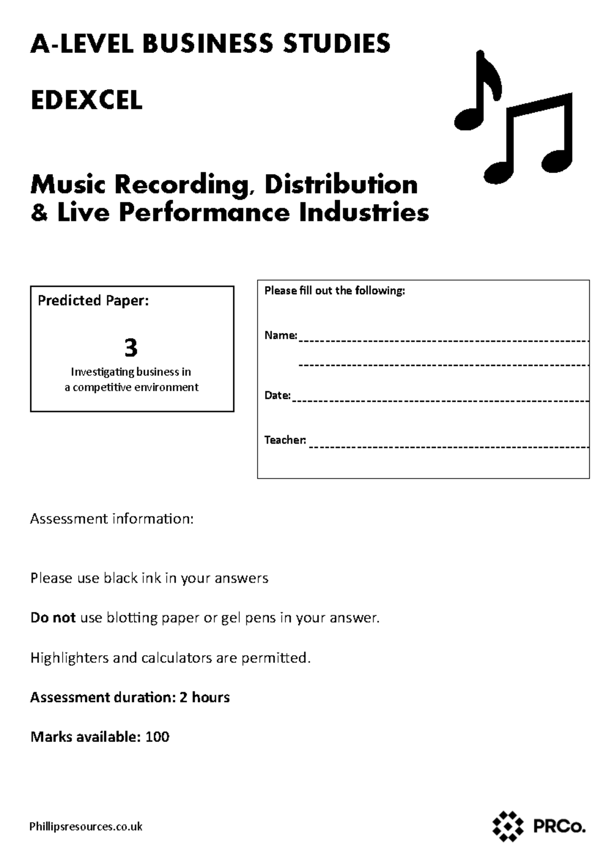 Mrdlp PP3 Predicted Paper: Business Studies Edexcel Music Industry ...