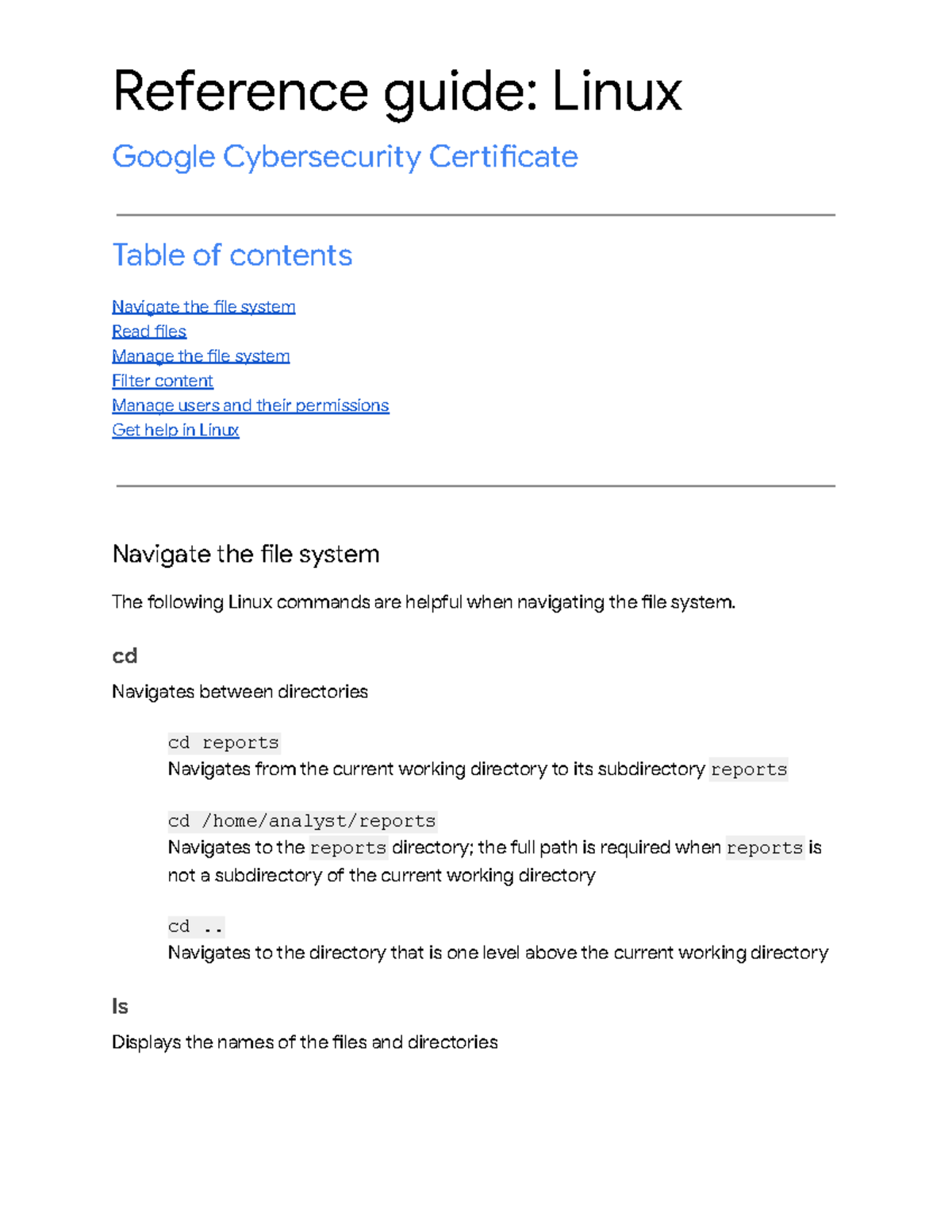 Linux Commands Reference Guide for Google Cybersecurity Cert - Studocu