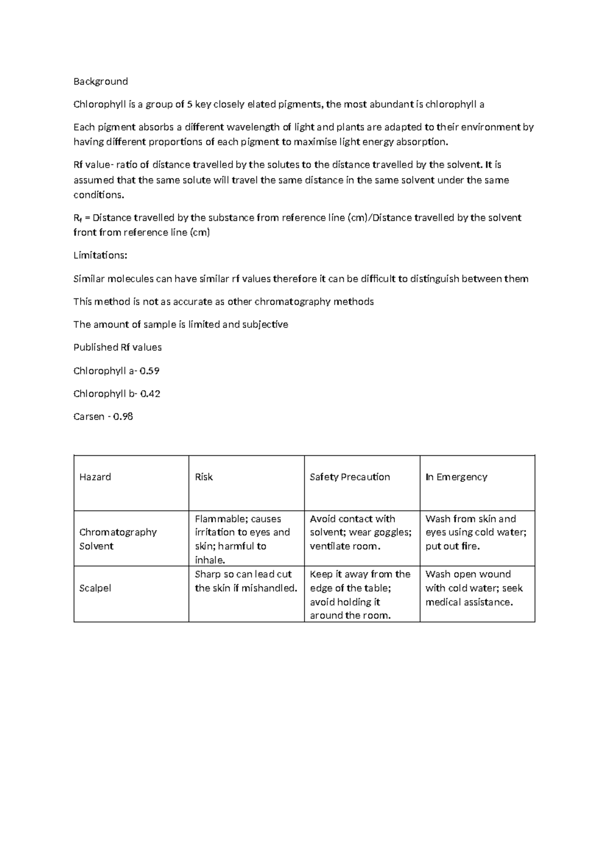 Chlorophyll Rf Values & Safety Precautions in Chromatography - Studocu