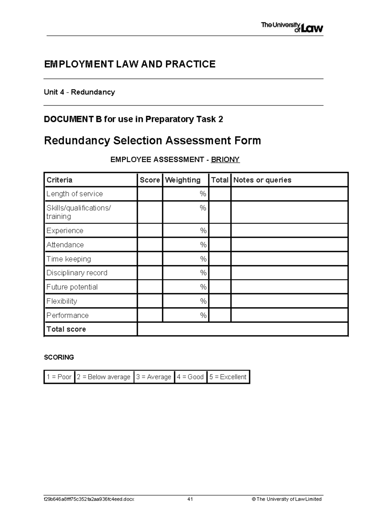 EMPLOYMENT LAW & PRACTICE U04: Redundancy Selection Assessment Form ...