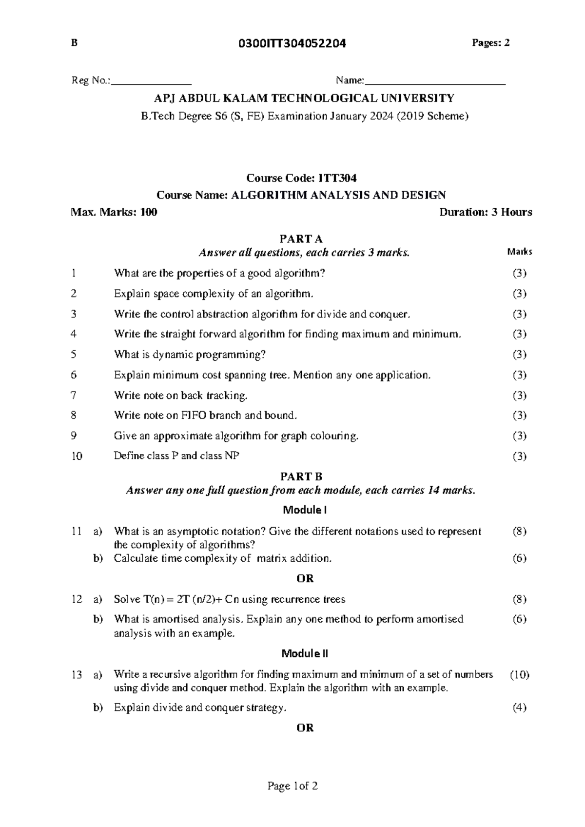0300ITT304052204 B.Tech S6 Exam Jan 2024: Algorithm Analysis & Design ...