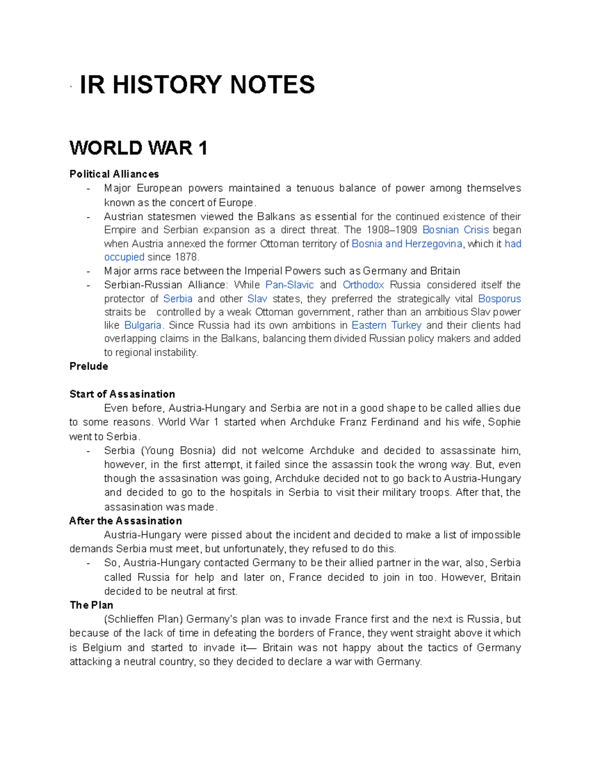 IR HISTORY NOTES: WORLD WAR 1 Political Alliances and Events - Studocu