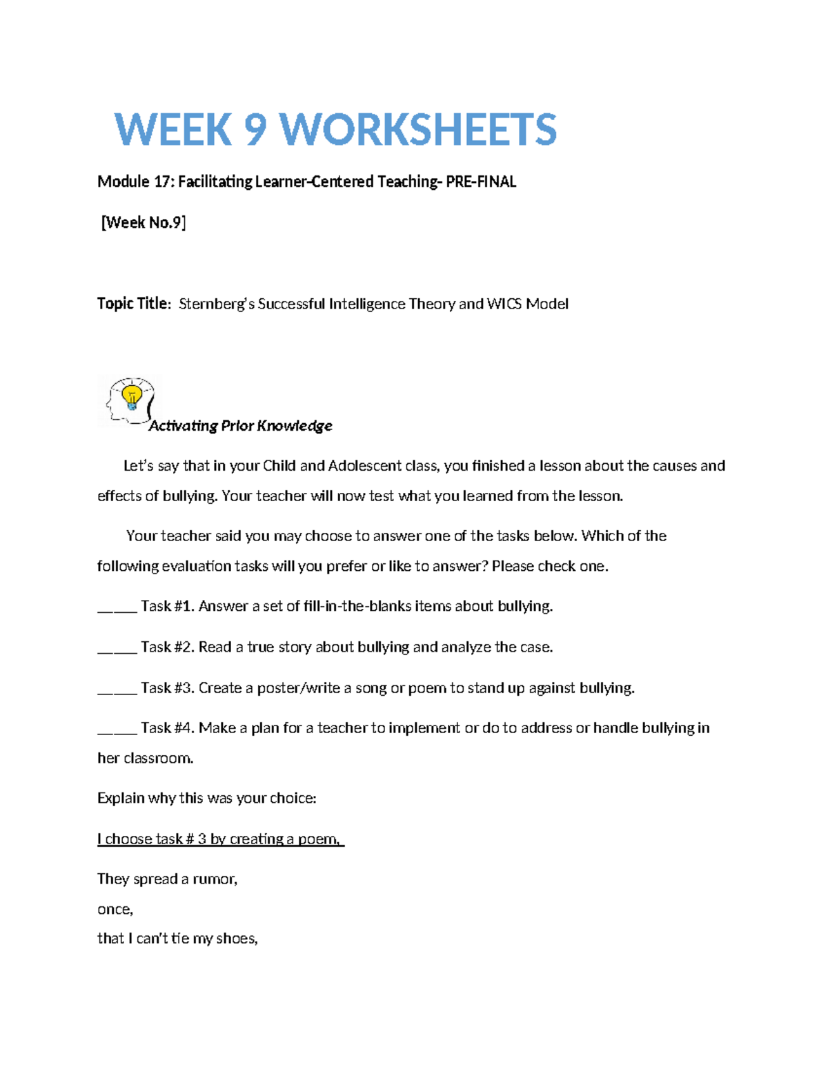 PRED 3061 - E Modules - WEEK 9 WORKSHEETS Module 17: Facilitating ...