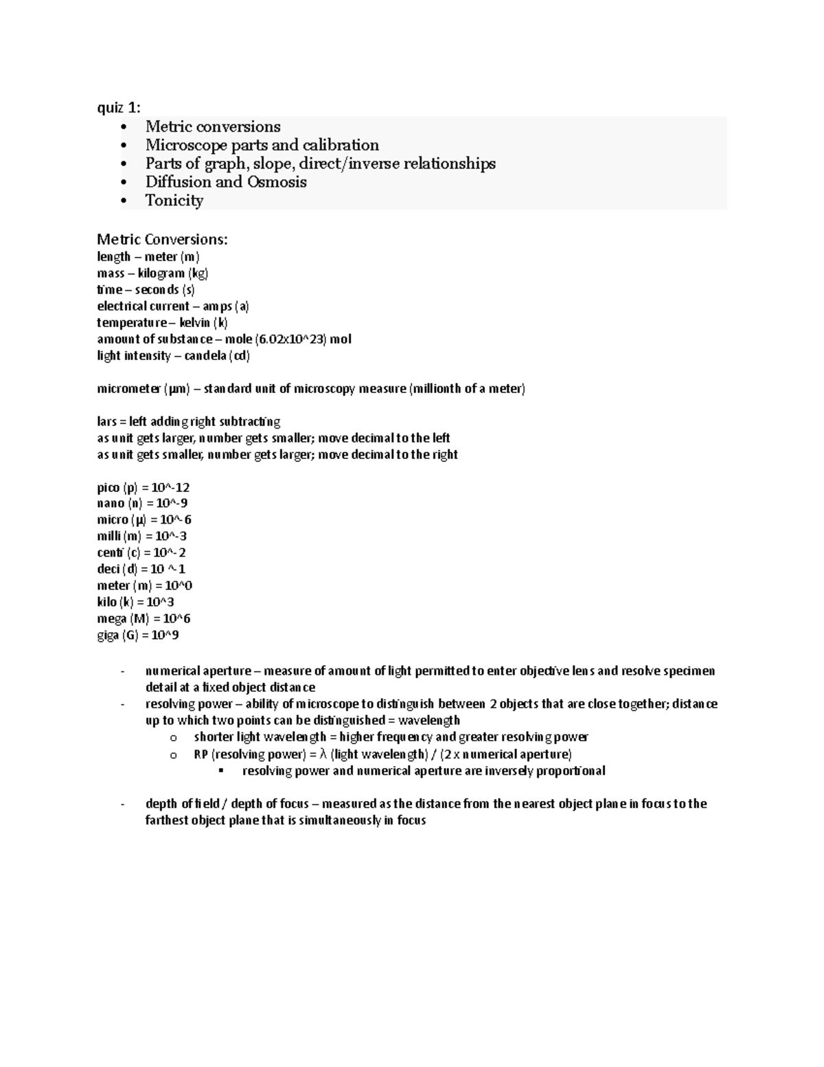 BIO 105 Lab Quiz 1: Metric Conversions and Microscope Fundamentals ...