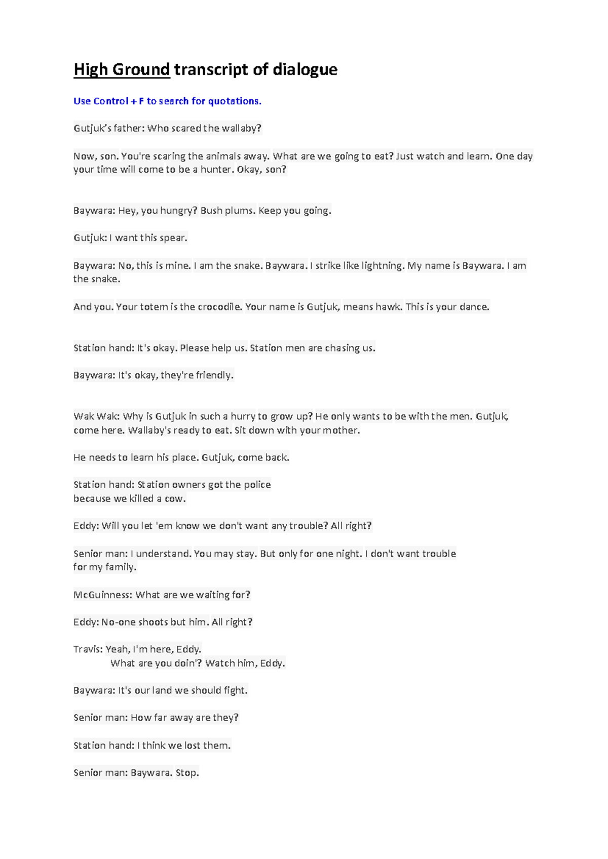 High Ground Dialogue Transcript: Insights from the Script - Studocu