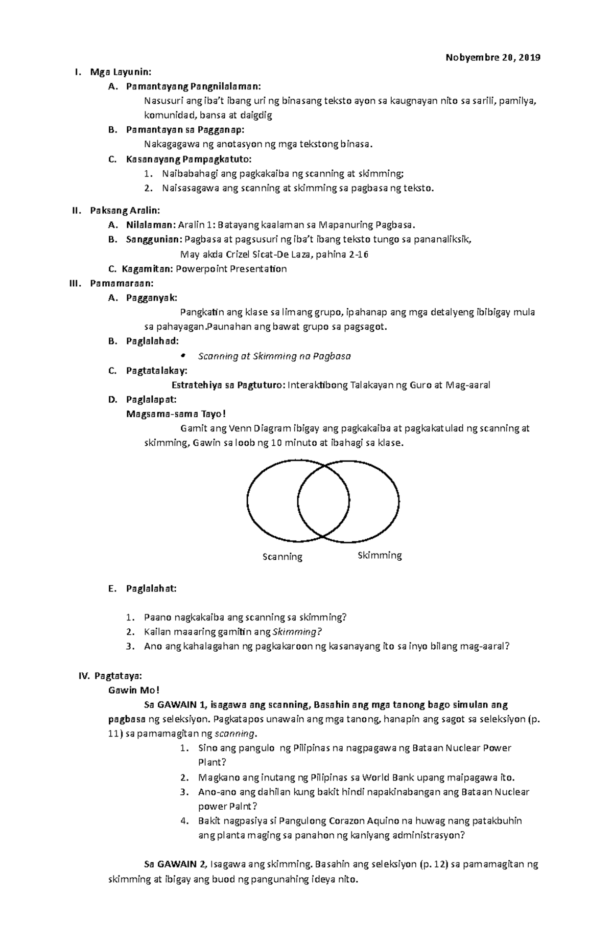Aralin 1 Batayang kaalaman sa Mapanuring pagbasa - Nobyembre 20, 2019 I ...