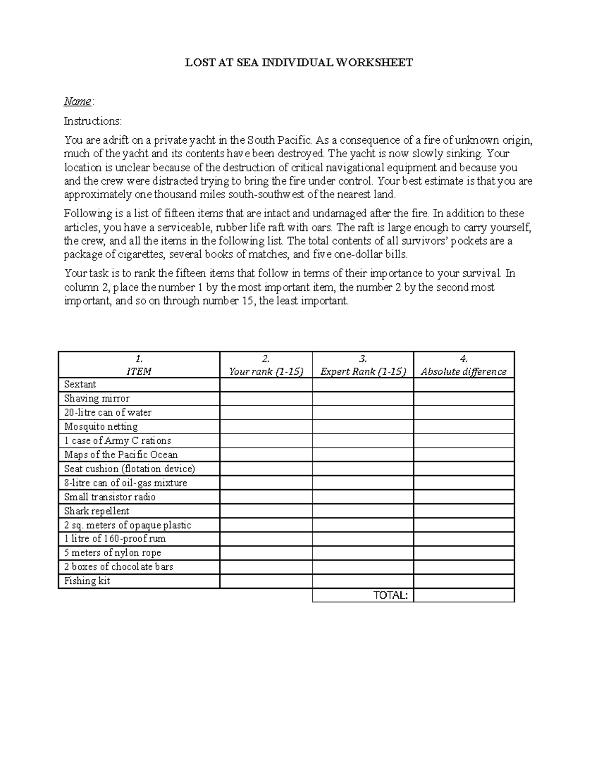 LOST AT SEA Worksheet (Individual & Group Decision-Making) - Studocu