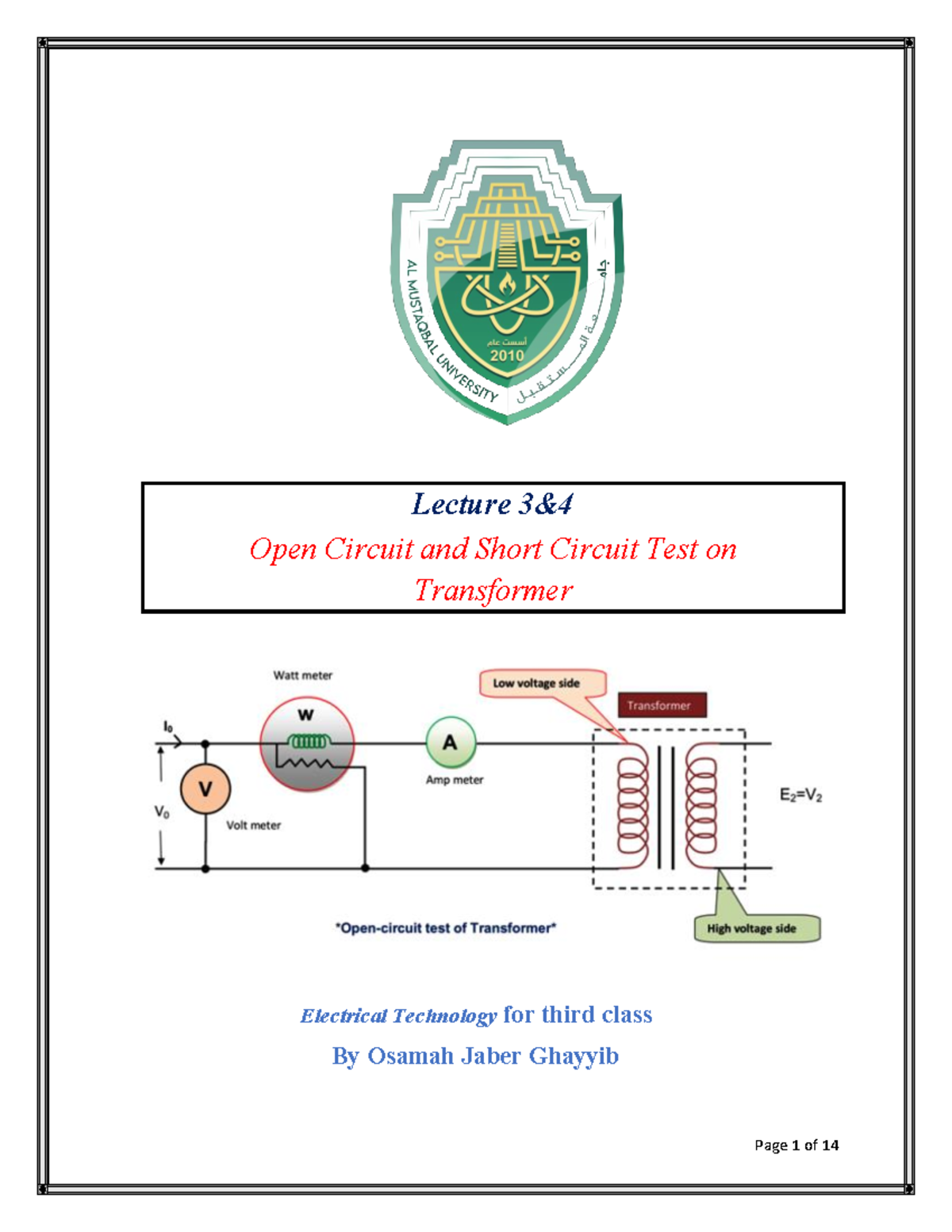 Open & Short Circuit Tests on Transformers - Electrical Tech (ET301 ...