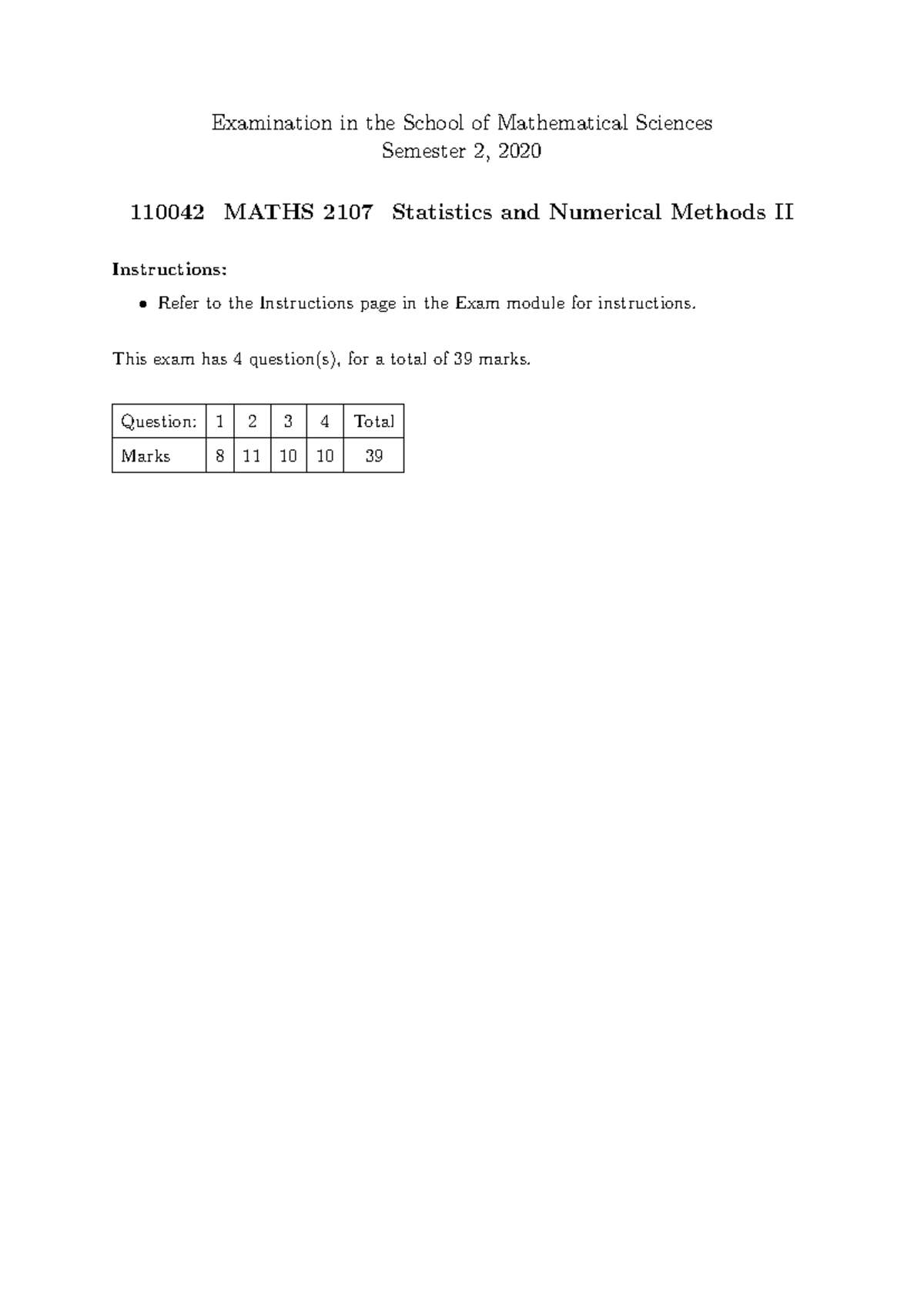 MATHS 2107 - Practise Exam for Statistics & Numerical Methods II - Studocu