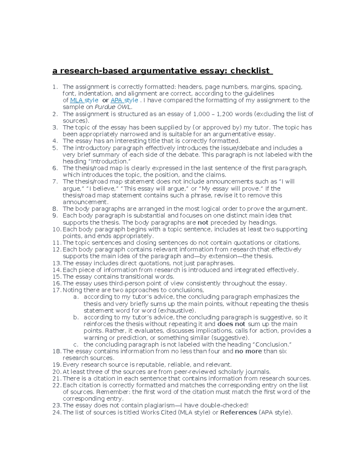 Checklist for Argumentative Essay: ENGL 255 Assignment 6 - Studocu