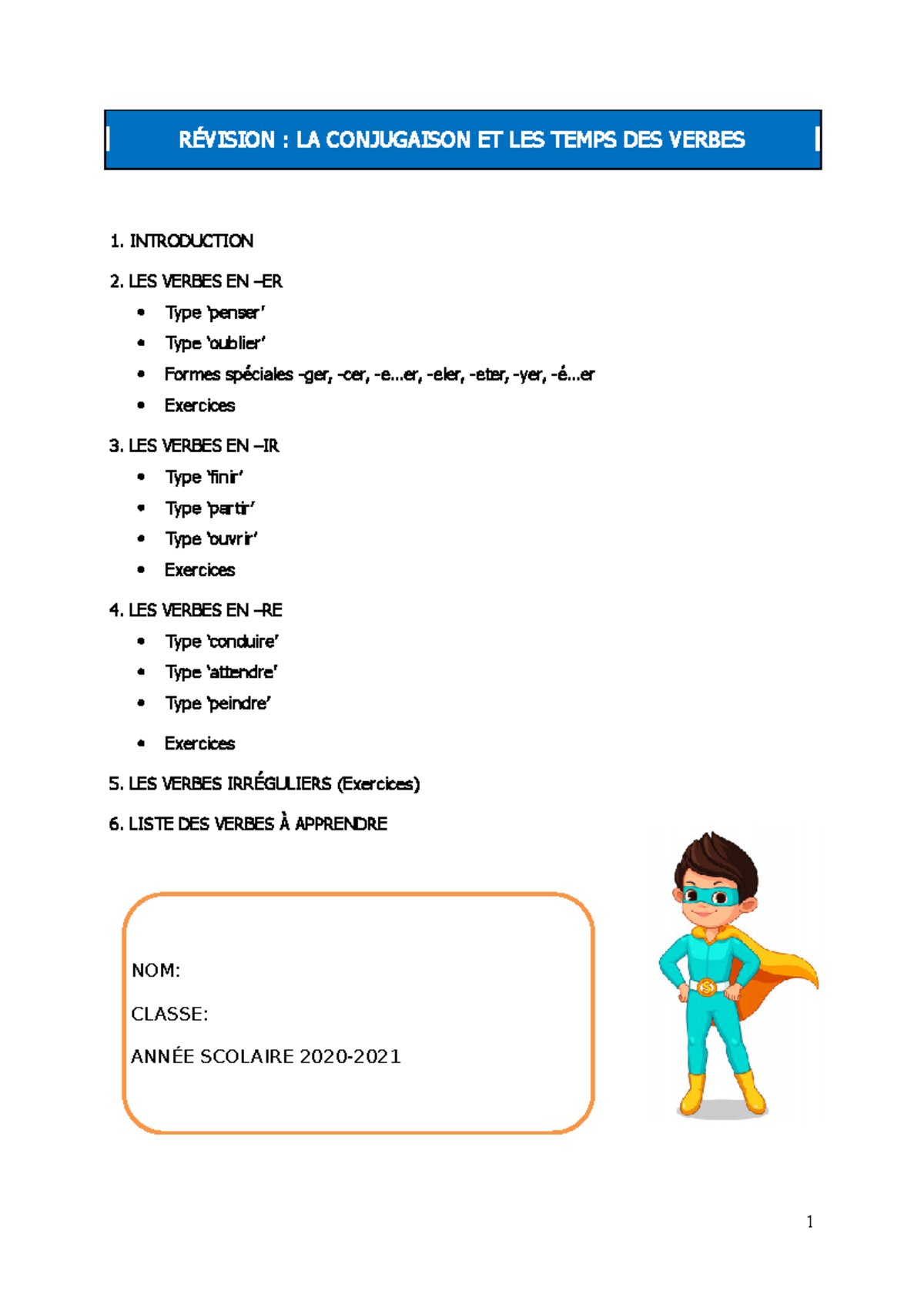 Révision des verbes en français 2020-2021 - ER, IR, RE, Irréguliers ...