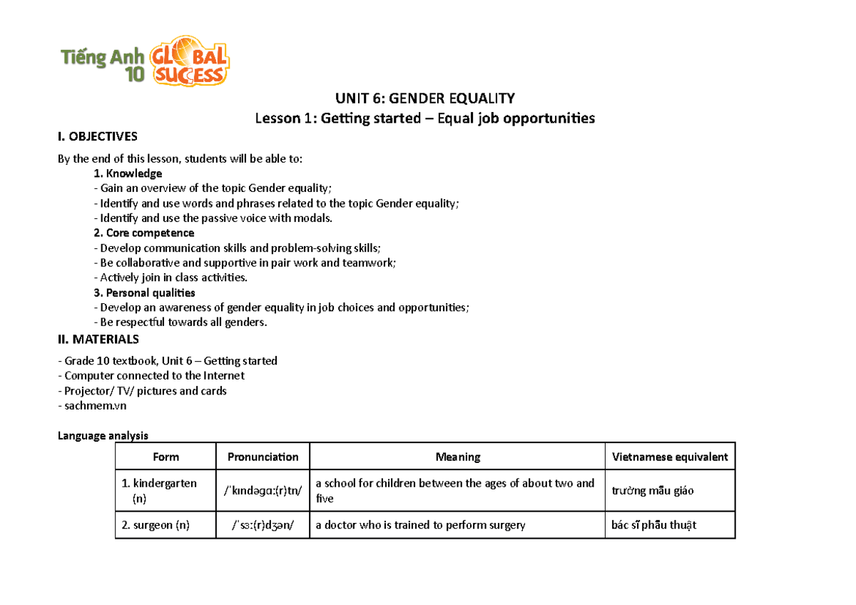 TA10-Unit 6: Gender Equality - Lesson Plans and Activities - Studocu