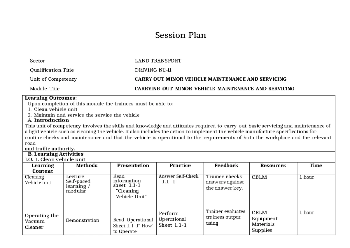 Driving NC II Training Regulations and Competency Standards Guide - Studocu