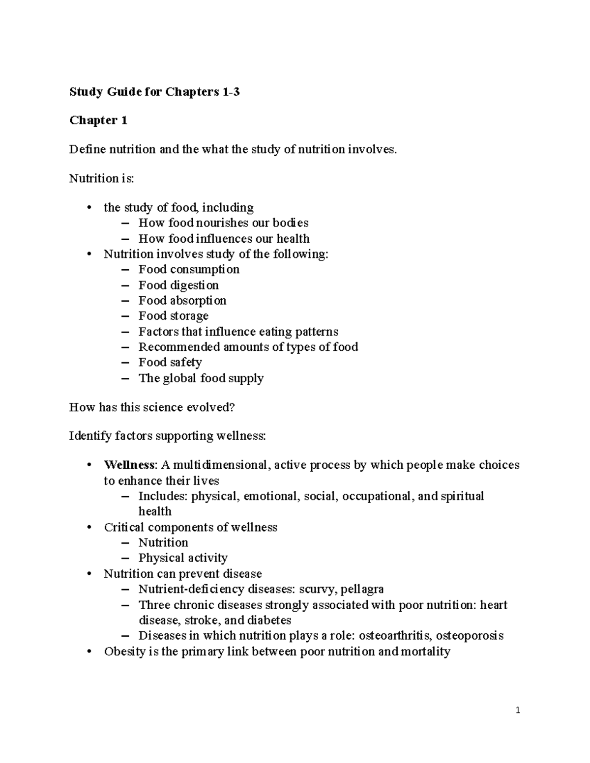 Nutrition test 1 Study Guide for Chapters 1-3 - Study Guide for ...