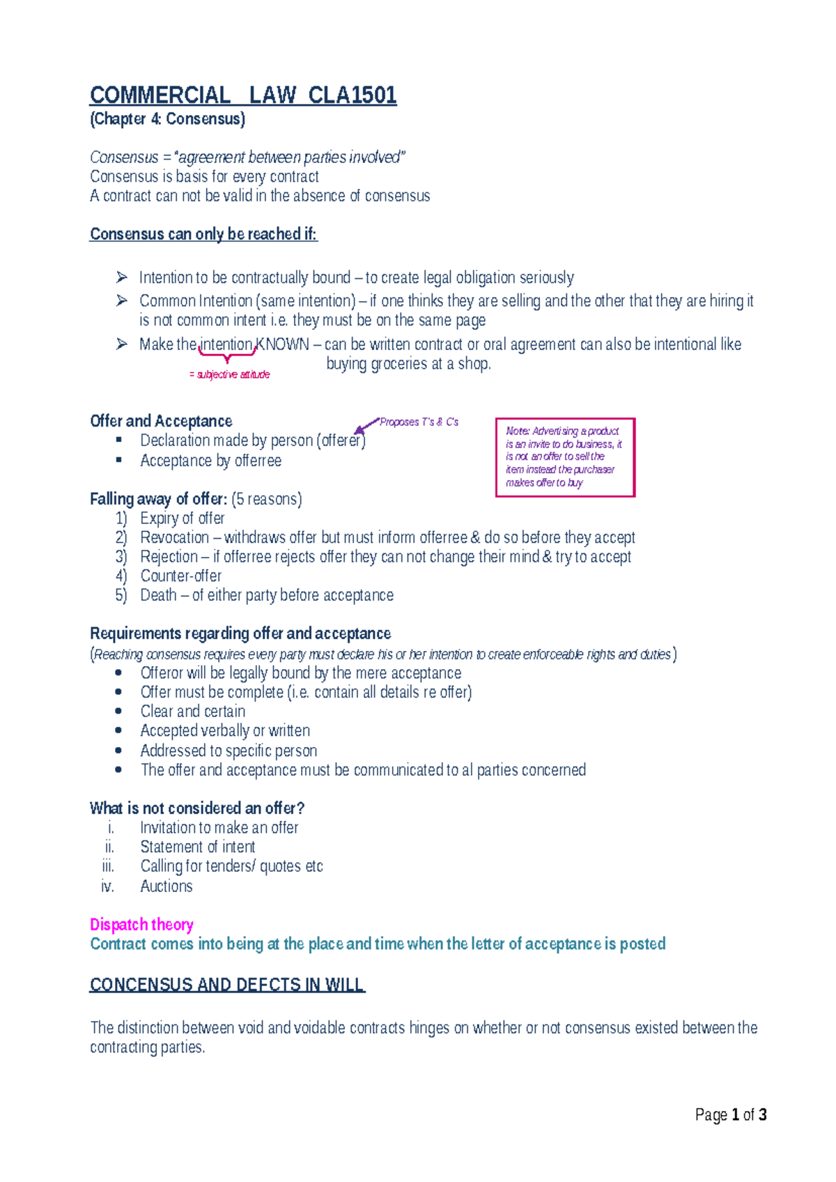 COMMERCIAL LAW CLA1501 (Chapter 4: Consensus and Contract Validity ...