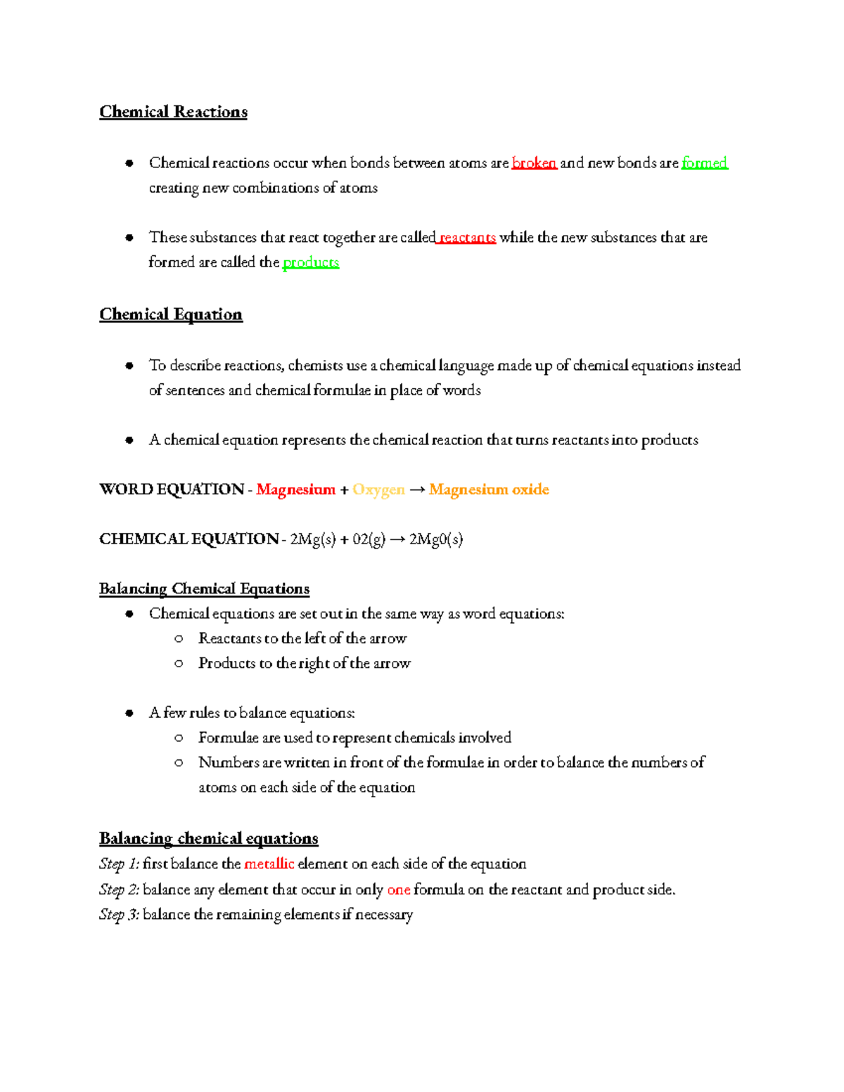 Chemistry 101: Chemical Reactions & Balancing Equations Notes - Studocu