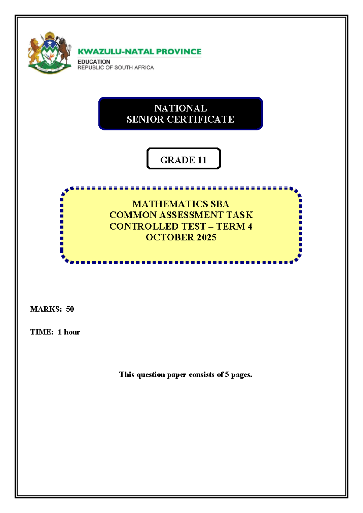Gr 11 Math SBA Controlled Test Term 4 - Oct 2025 - Studocu