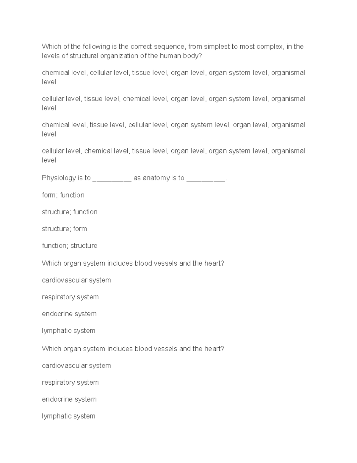 Quiz on Homeostasis & Structural Organization in Human Physiology - Studocu