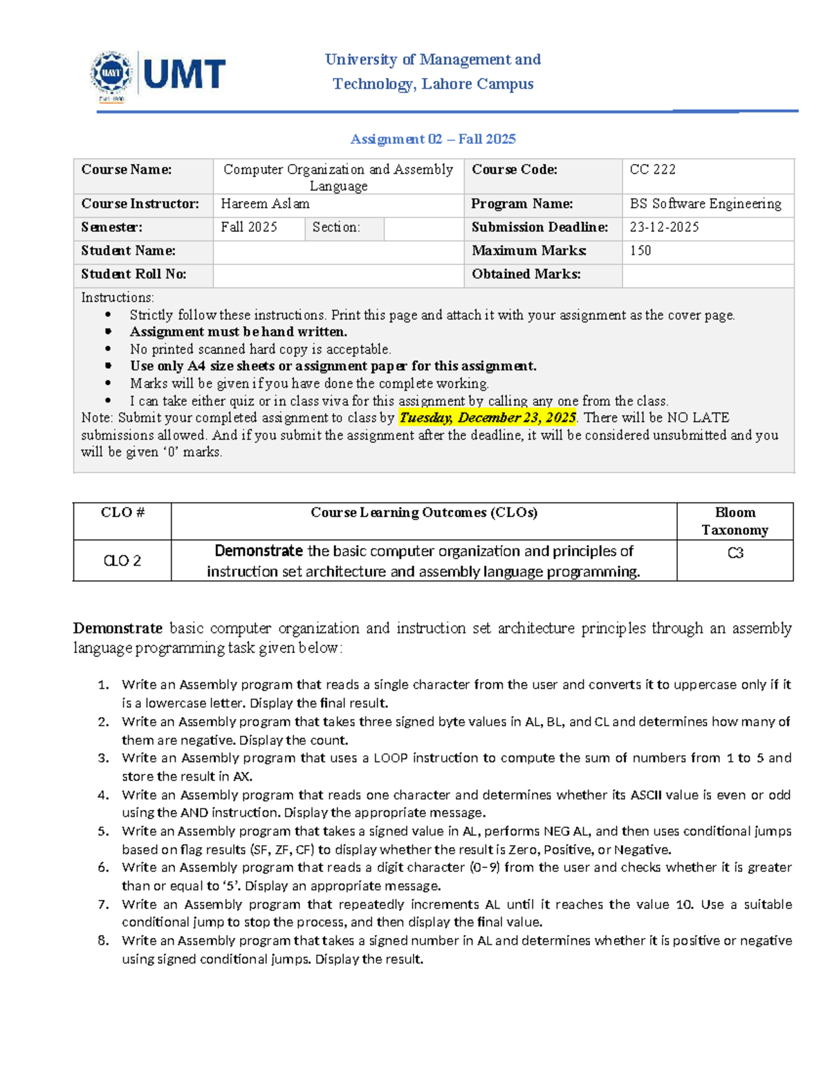 CC - Assignment 02: Computer Organization & Assembly Language - Studocu