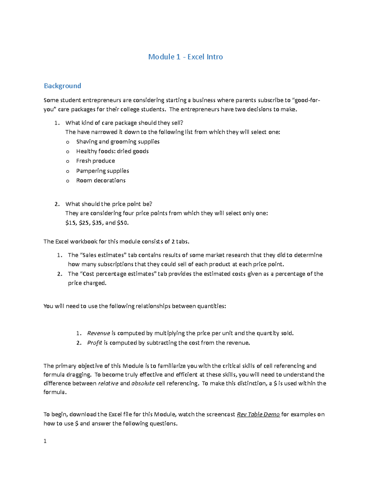 Module 1 Chapter-F2F - Module 1 - Excel Intro Background Some student ...