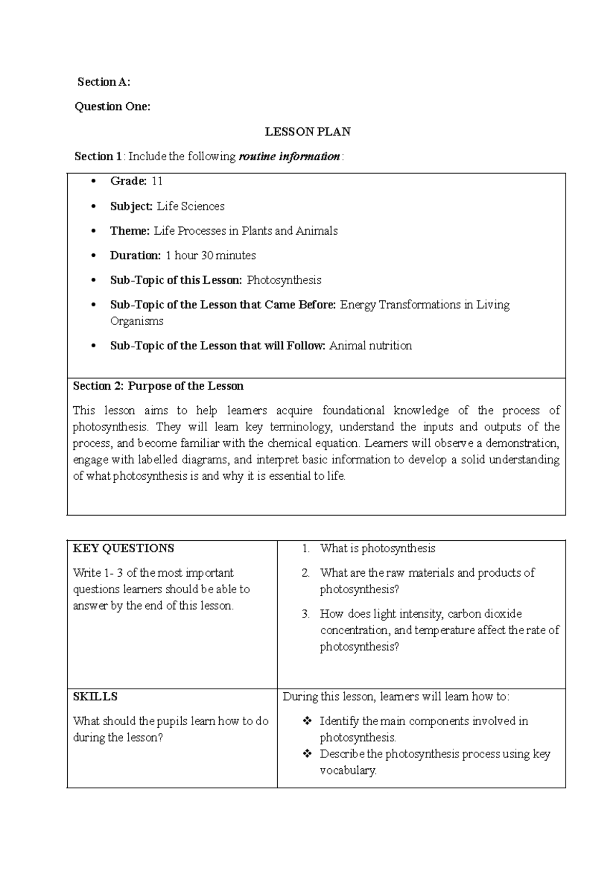Teaching Life Sciences: Lesson Plan on Photosynthesis (Grade 11) - Studocu